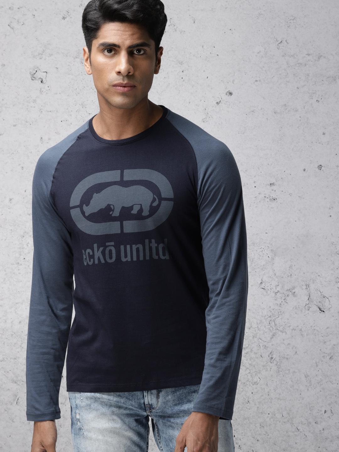 Buy Ecko Unltd Men Navy Blue Printed Round Neck Pure Cotton T Shirt ...