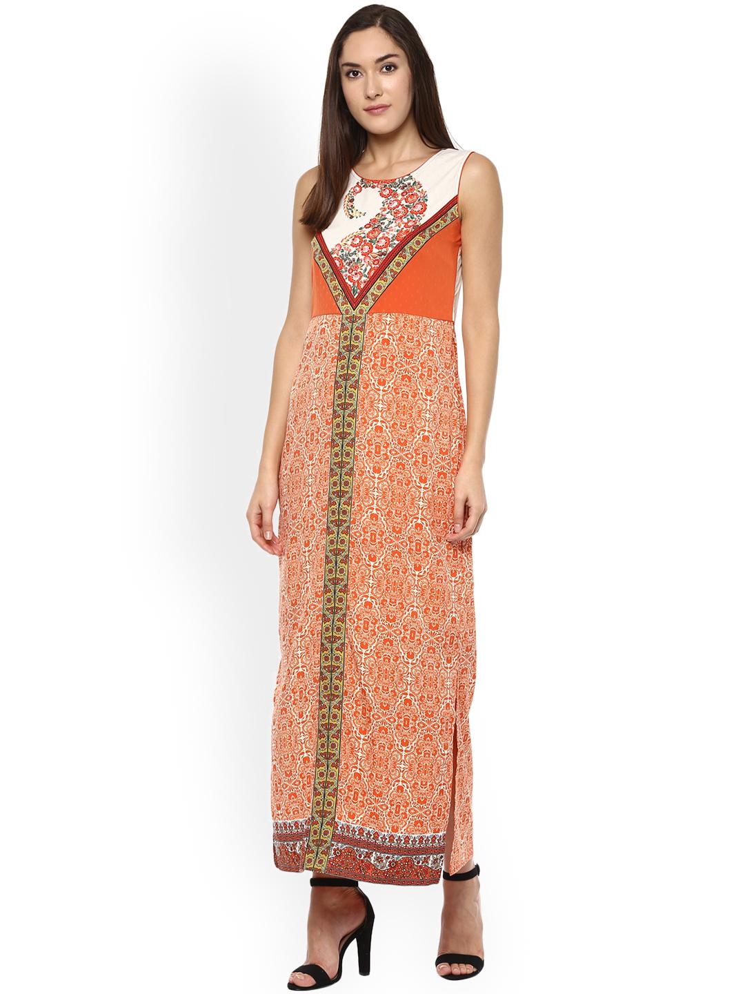 Buy Fusion Beats Women Orange & White Maxi Dress - Ethnic Dresses for ...