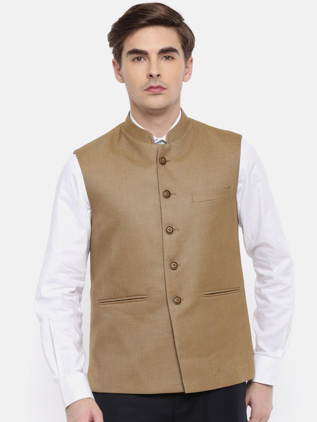 Buy Raymond Men Khaki Contemporary Fit Self Design Nehru Jacket - Nehru ...