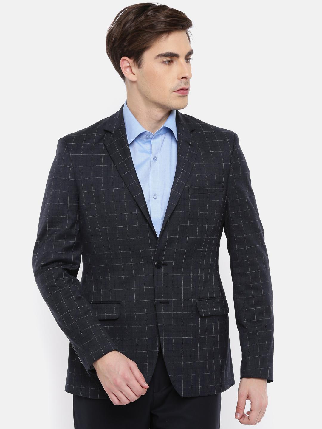 Buy Raymond Navy Blue Slim Fit Checked Single Breasted Formal Blazer ...