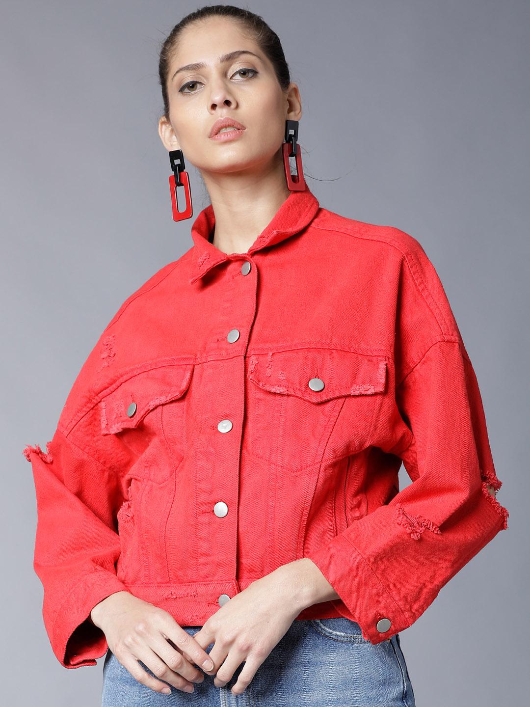 Buy Tokyo Talkies Women Red Solid Denim Jacket - Jackets for Women ...