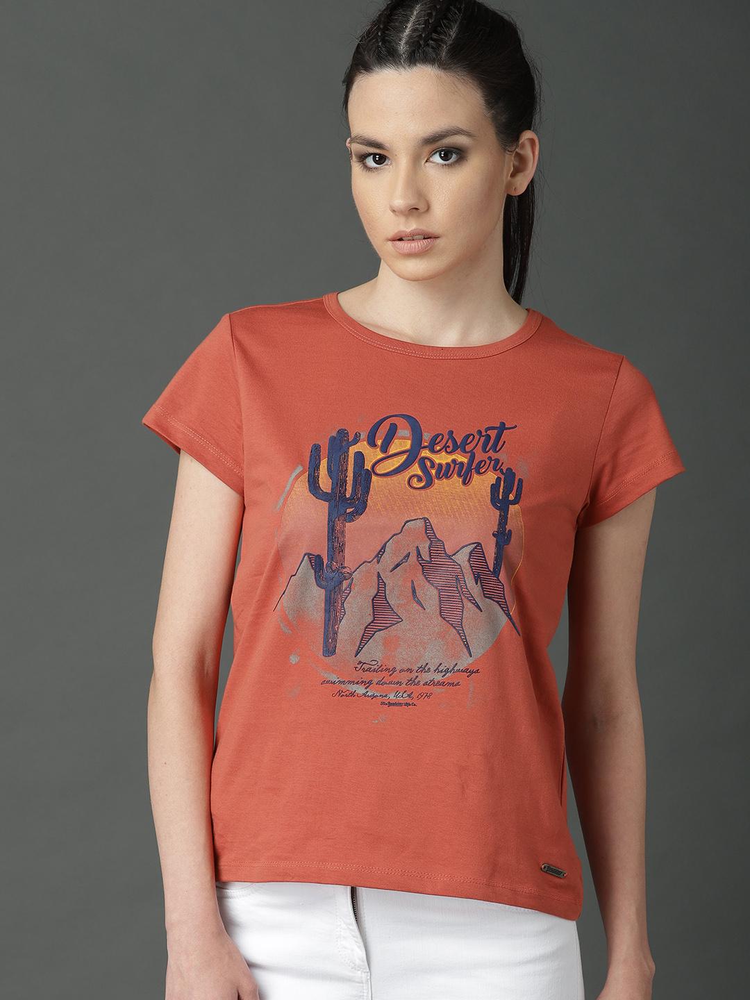 Buy Roadster Women Rust Coloured Printed Round Neck Pure Cotton T Shirt ...
