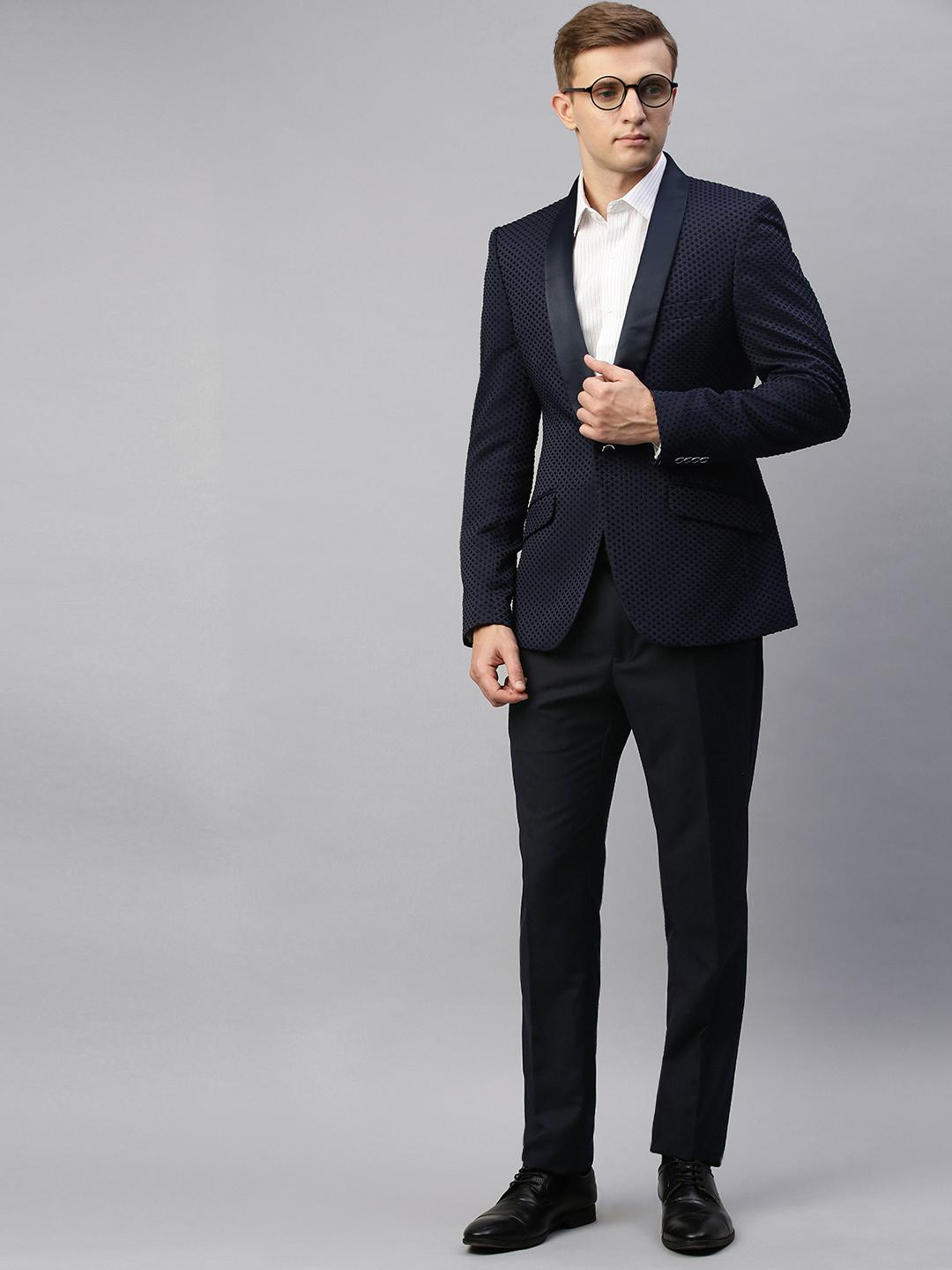 Buy Raymond Men Navy Blue Slim Fit Self Design Single Breasted Formal ...
