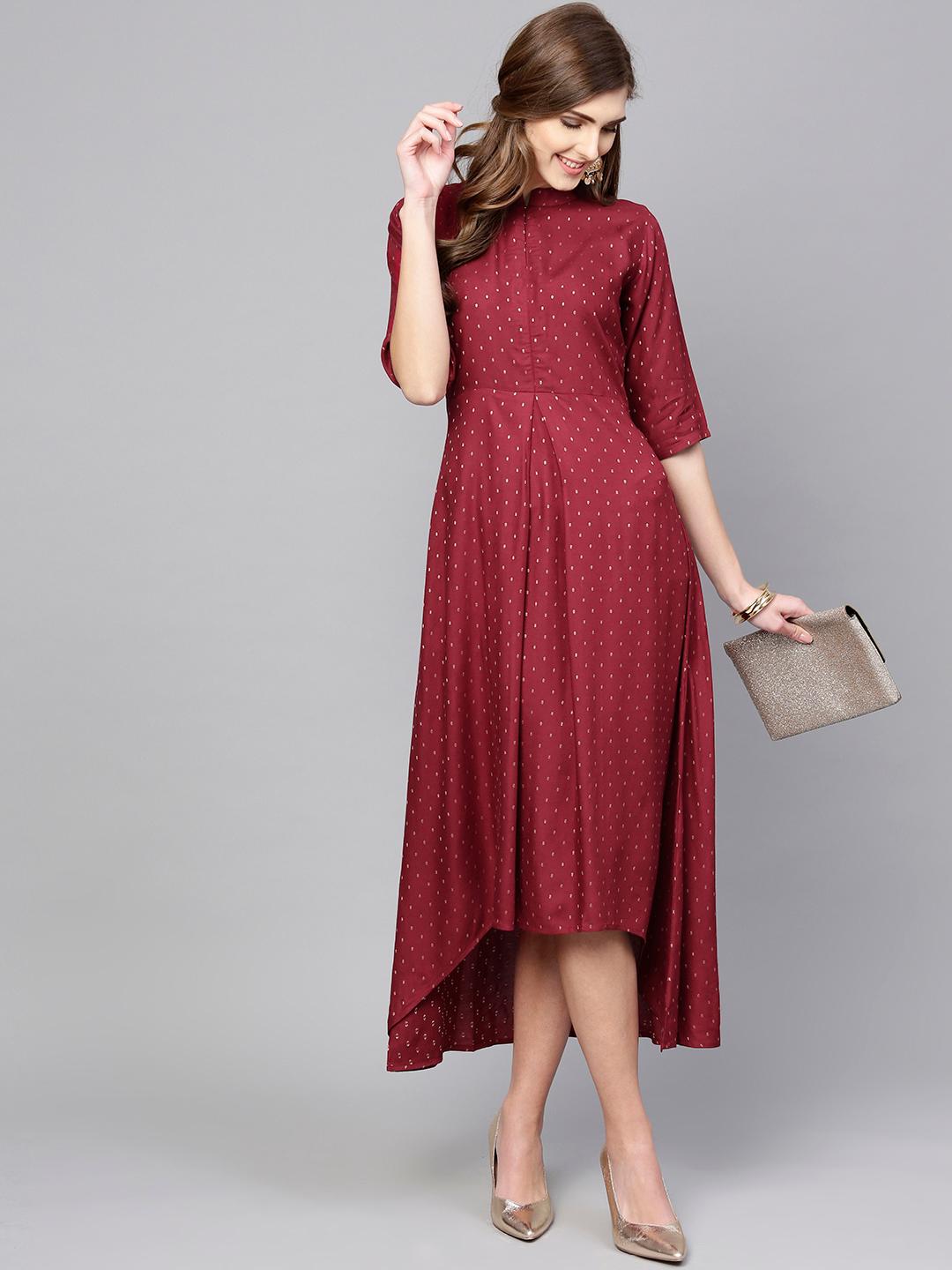 Buy Libas Women Maroon & Golden Self Design Maxi Dress - Dresses for ...