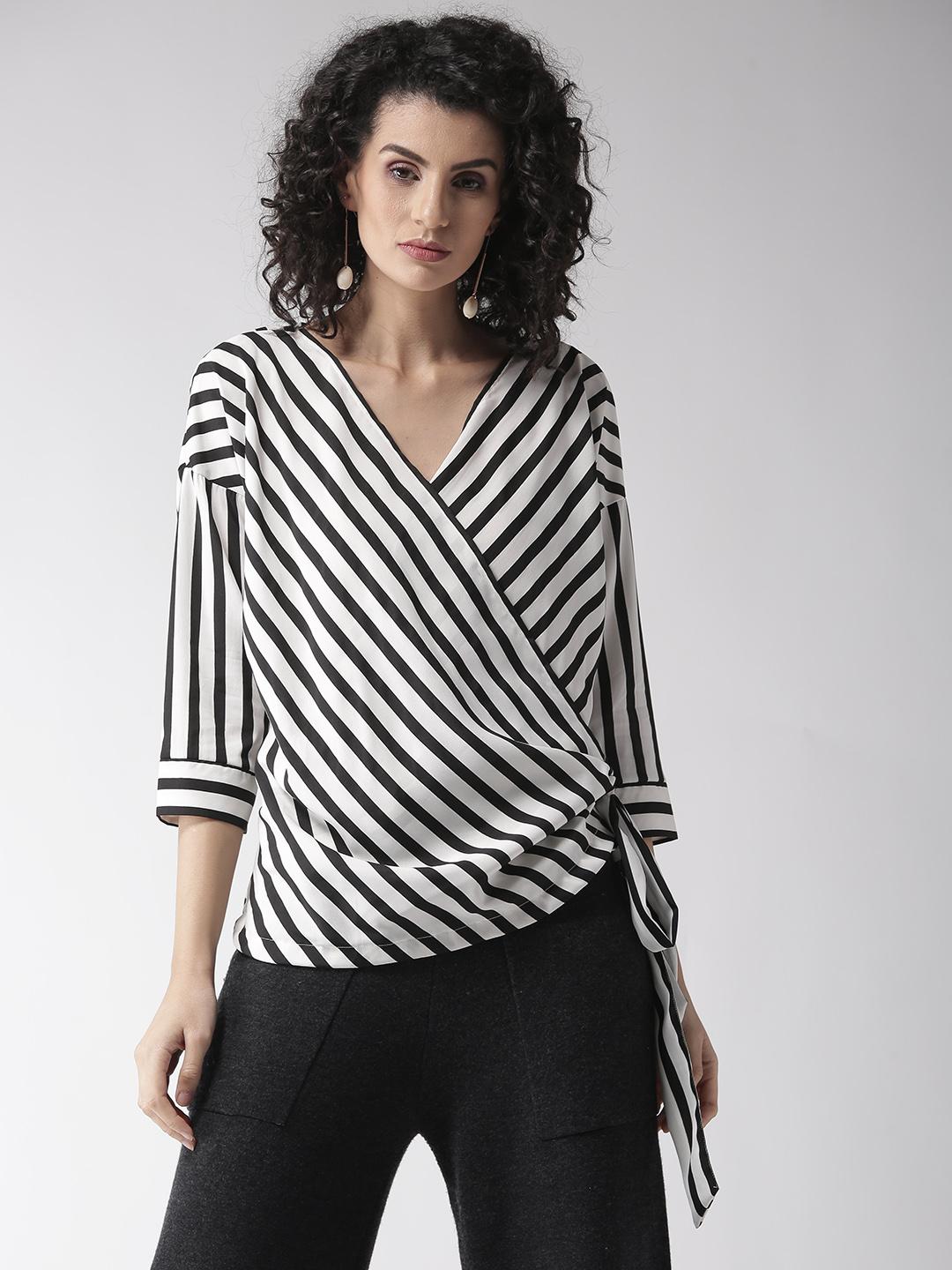 Buy Style Quotient Women Black & White Striped Wrap Top - Tops for ...