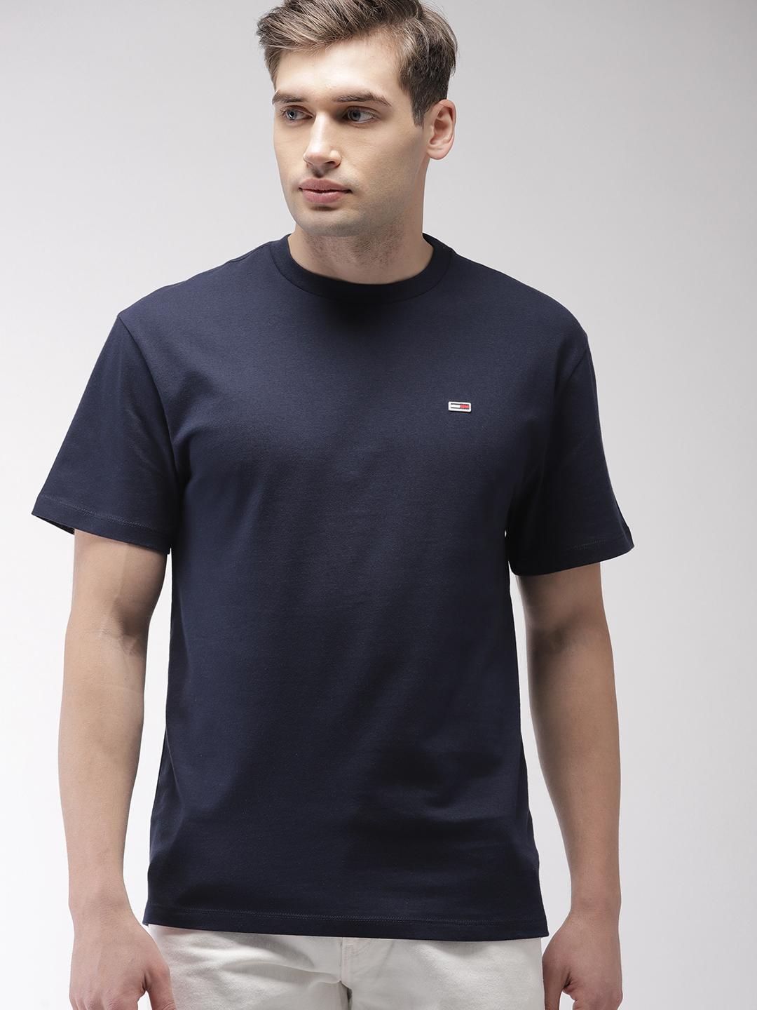Buy Tommy Hilfiger Men Navy Solid Round Neck Pure Cotton T Shirt ...