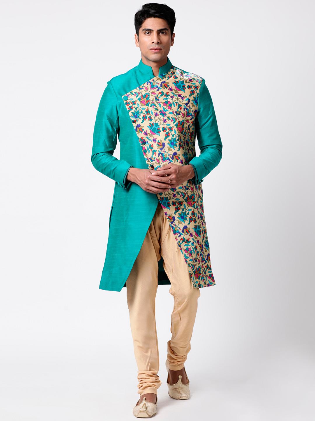 Buy Svanik Men Turquoise Blue & Beige Floral Printed Sherwani ...