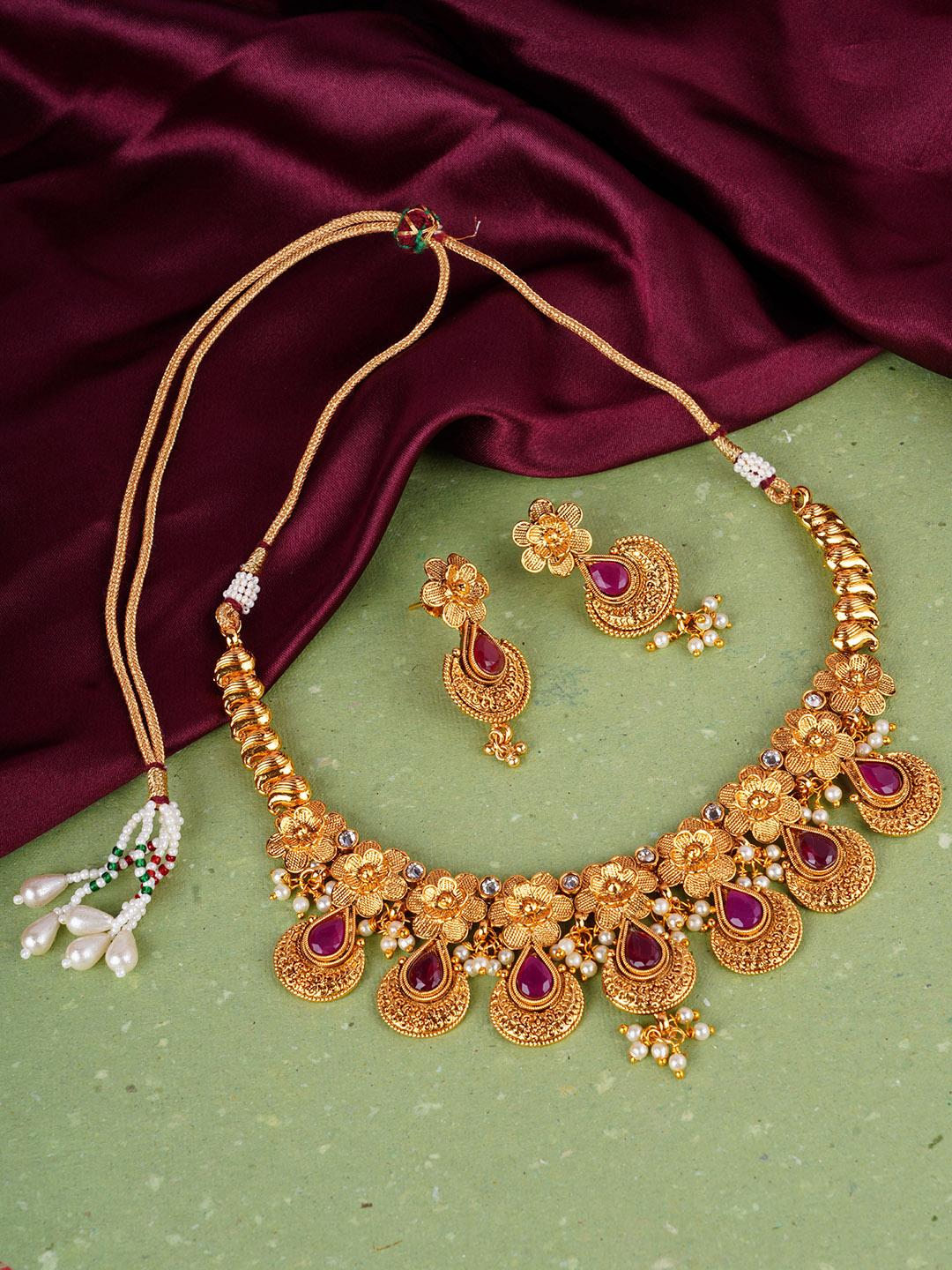 Buy FIROZA Maroon Antique Gold Plated Stone Studded Jewellery Set ...