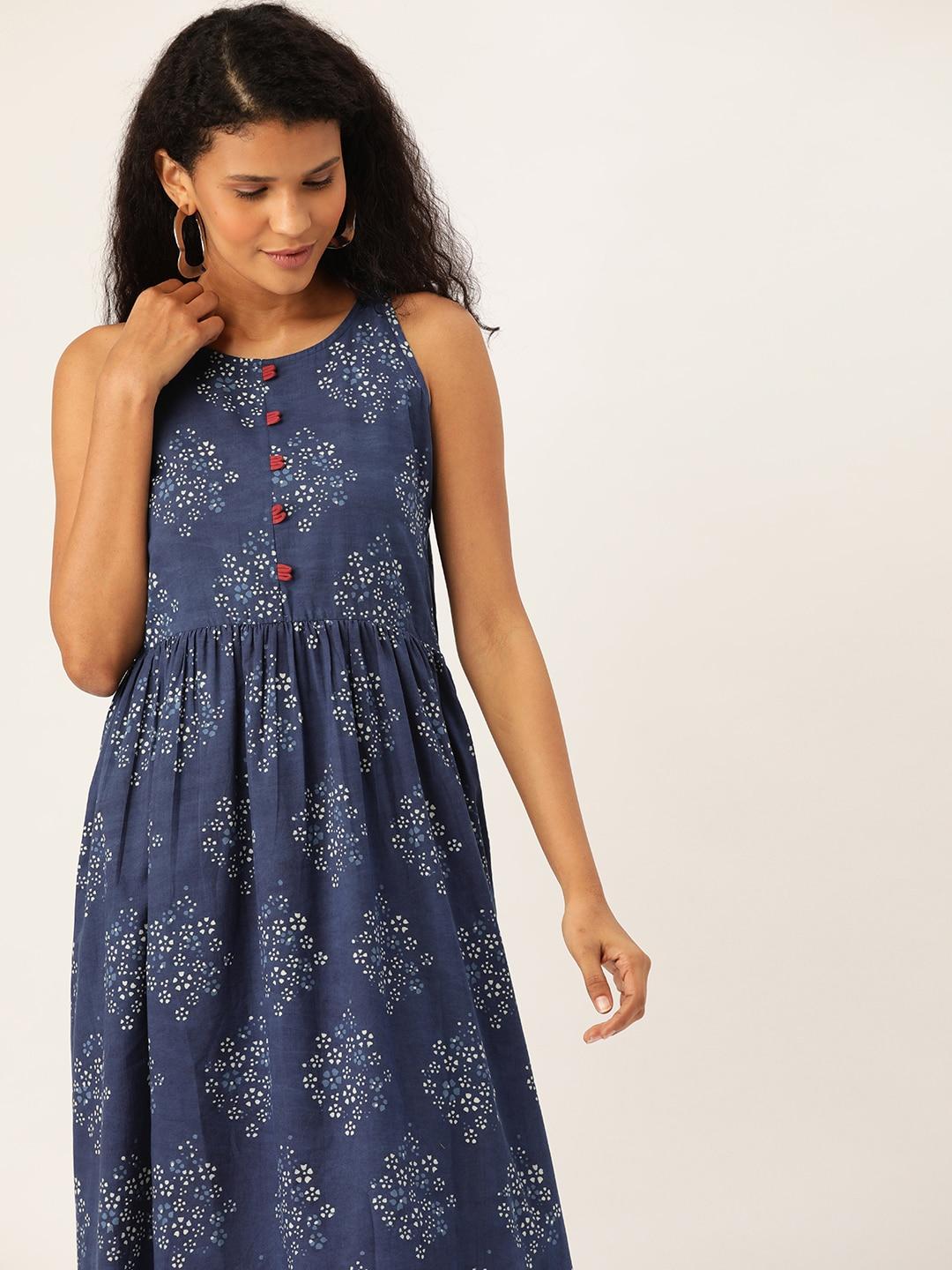 Buy Taavi Women Blue Indigo Hand Block Print A Line Dress With Gathers ...