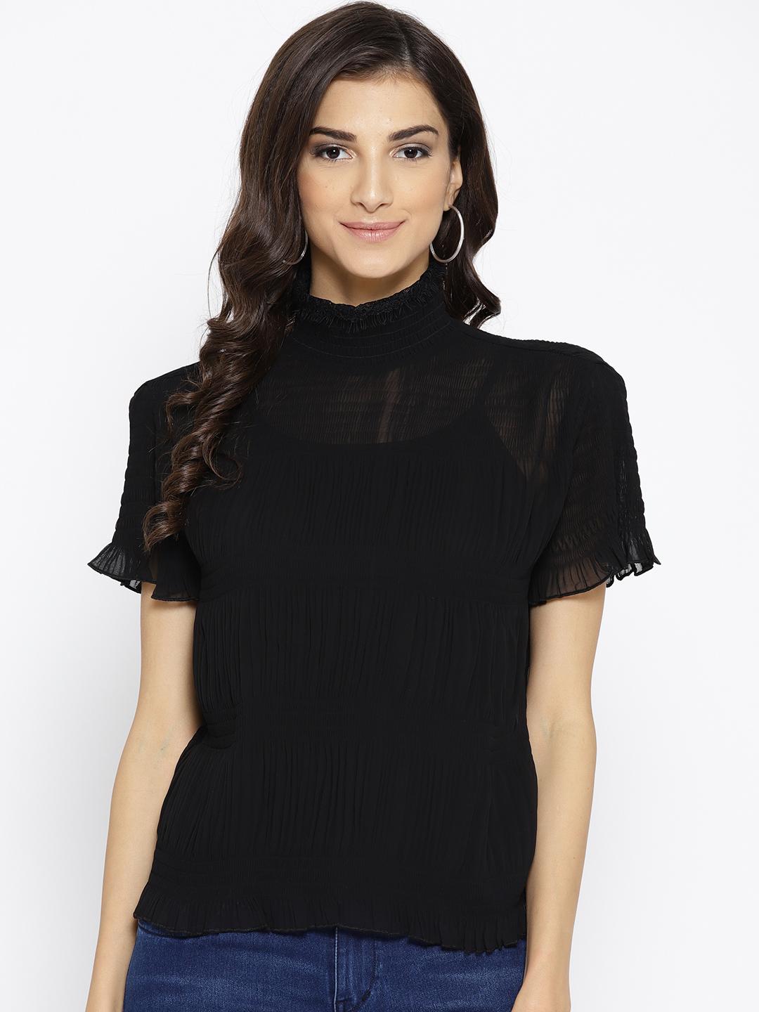 Buy Lee Cooper Women Black Solid Semi Sheer Smocked Detail Top - Tops ...