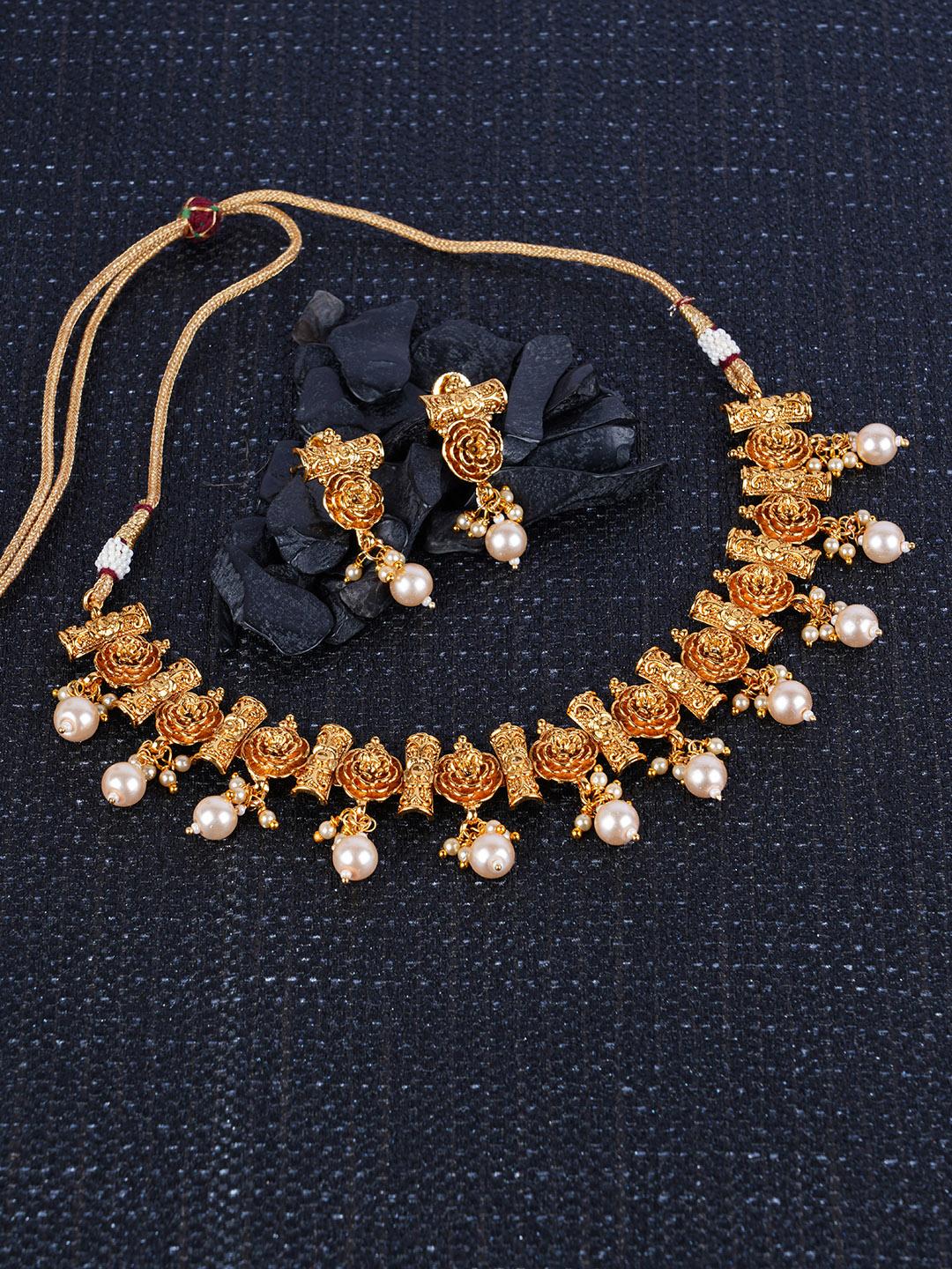 Buy FIROZA Antique Gold Toned & Off White Floral Jewellery Set ...