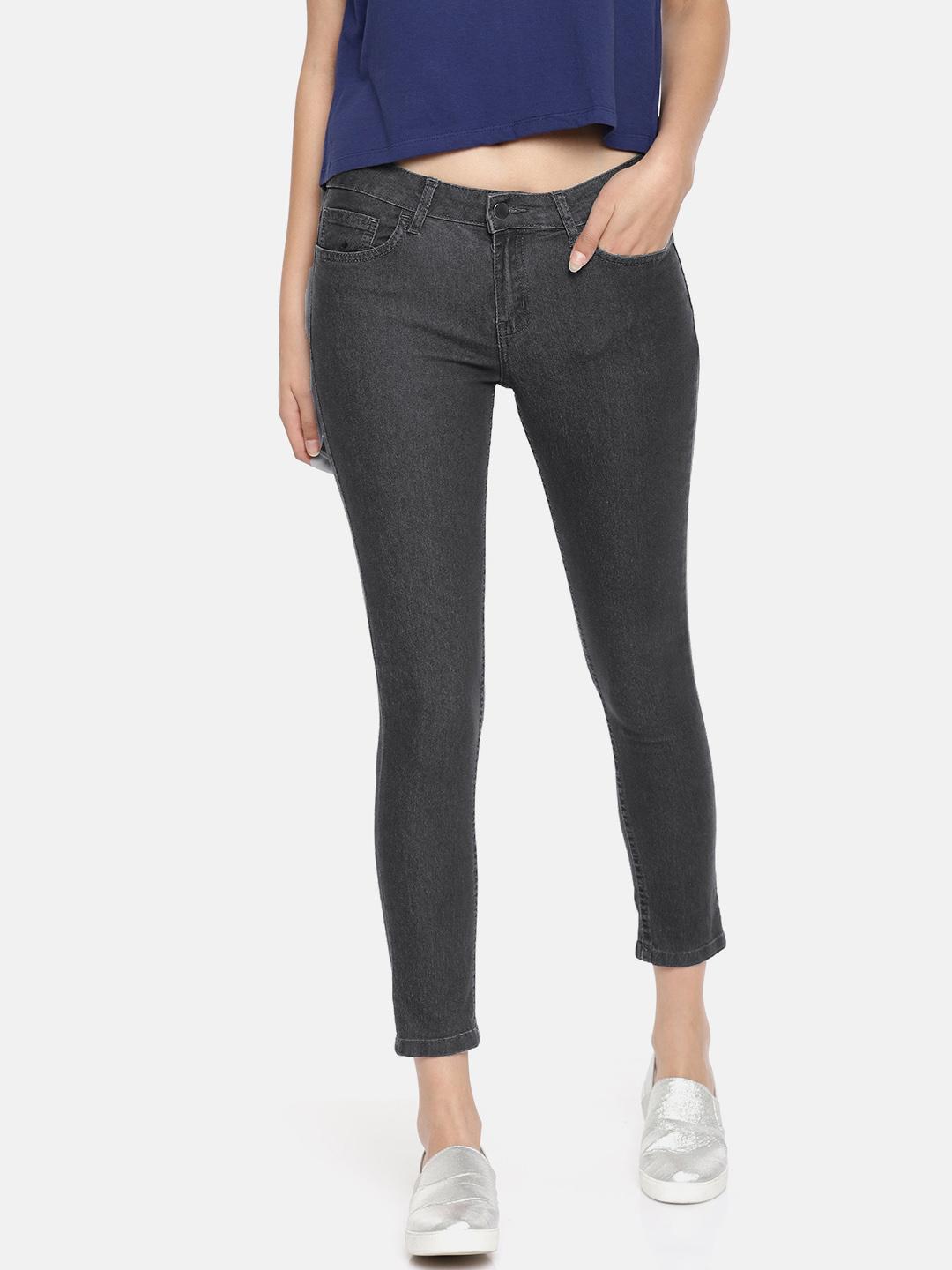 Buy People Women Charcoal Grey Slim Fit Mid Rise Clean Look Stretchable ...