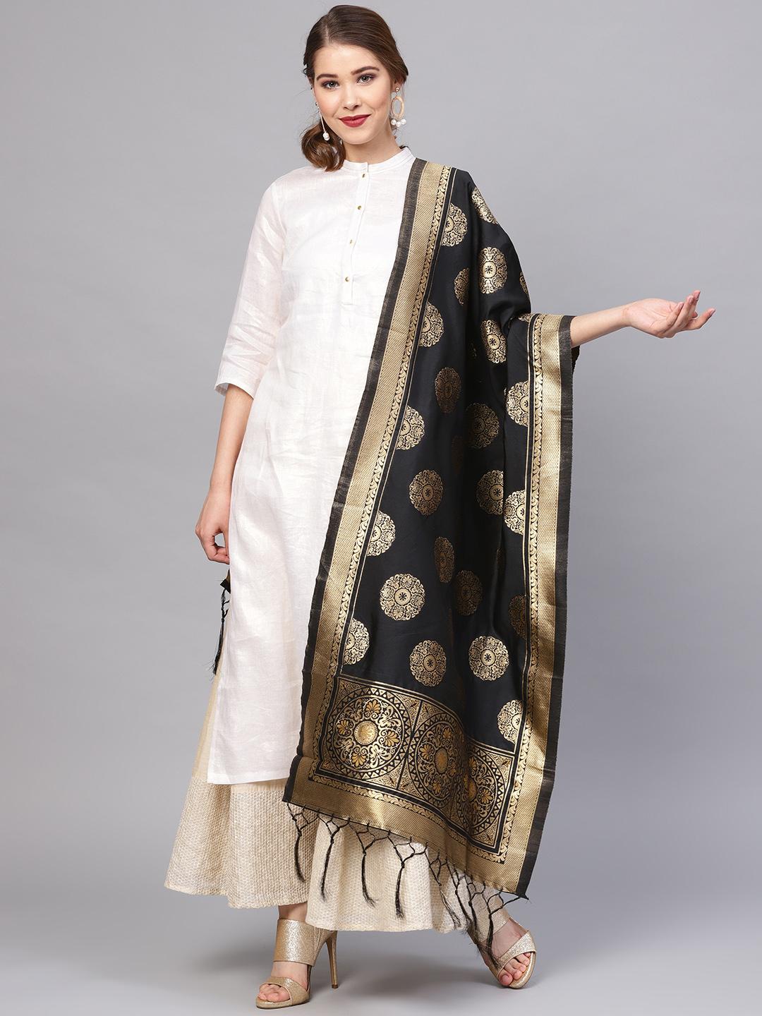 Buy SUTRAM Black & Golden Zari Woven Design Dupatta - Dupatta for Women ...