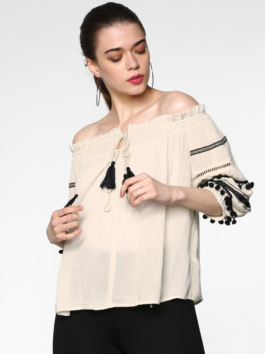 Buy ONLY Women Beige Solid Semi Sheer Bardot Top - Tops for Women ...