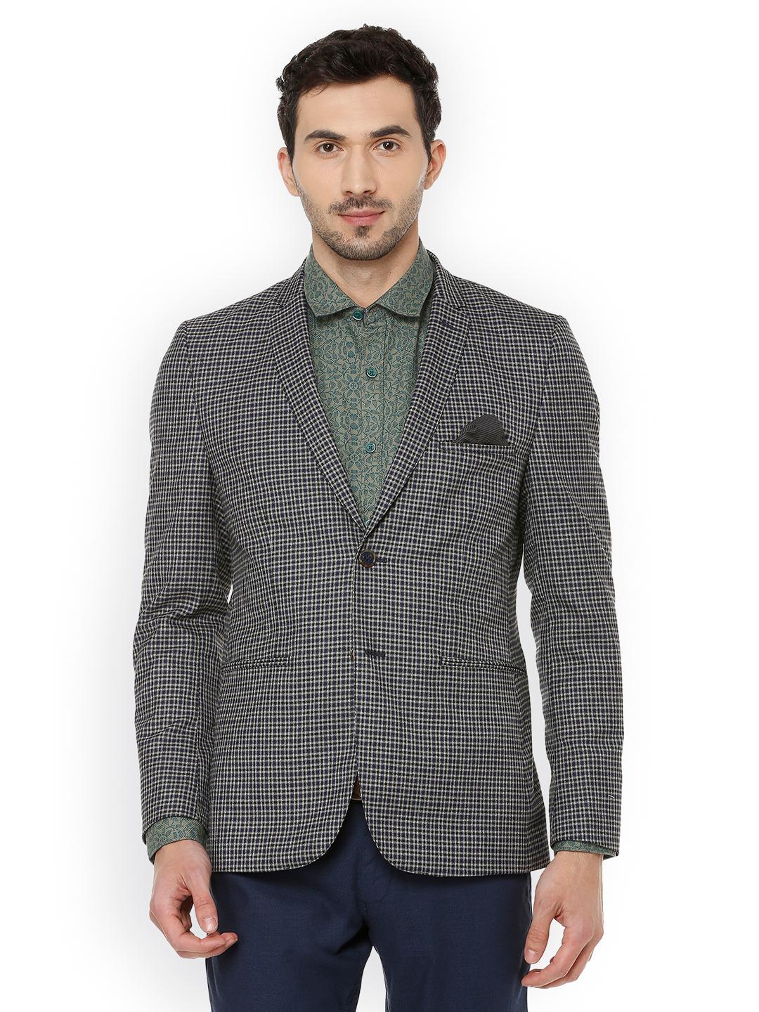 Buy Louis Philippe Men Blue Checked Super Slim Fit Single Breasted ...