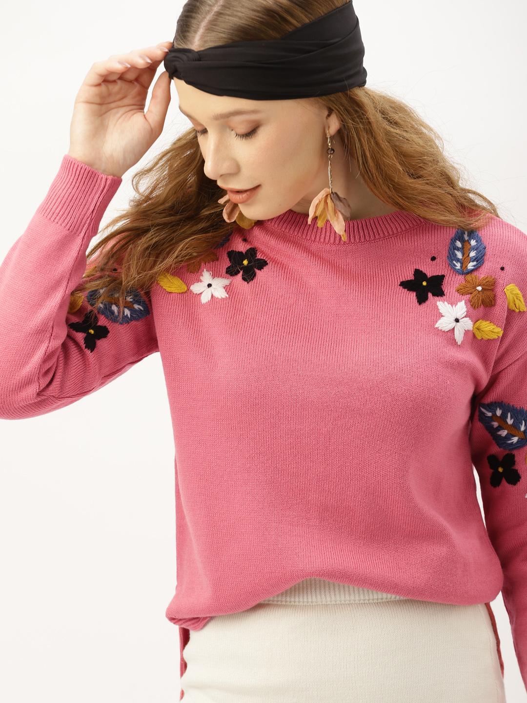 Buy DressBerry Women Pink Embroidered Pullover Sweater - Sweaters for ...