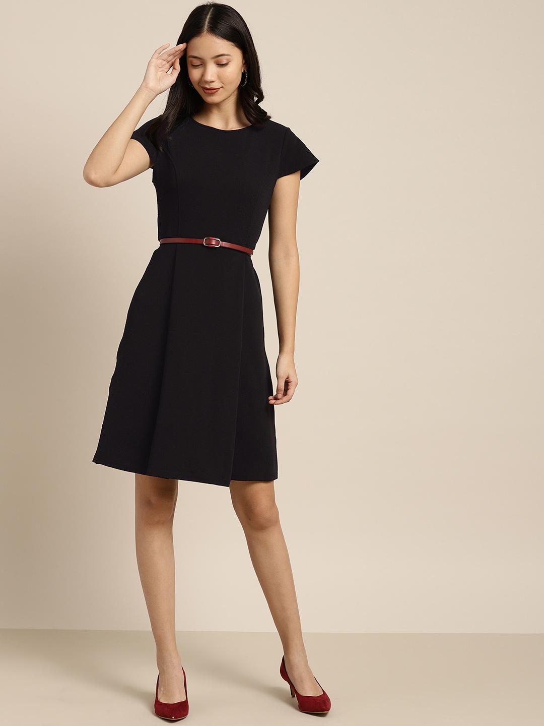 Buy Her By Invictus Women Black Solid Fit And Flare Dress - Dresses for ...