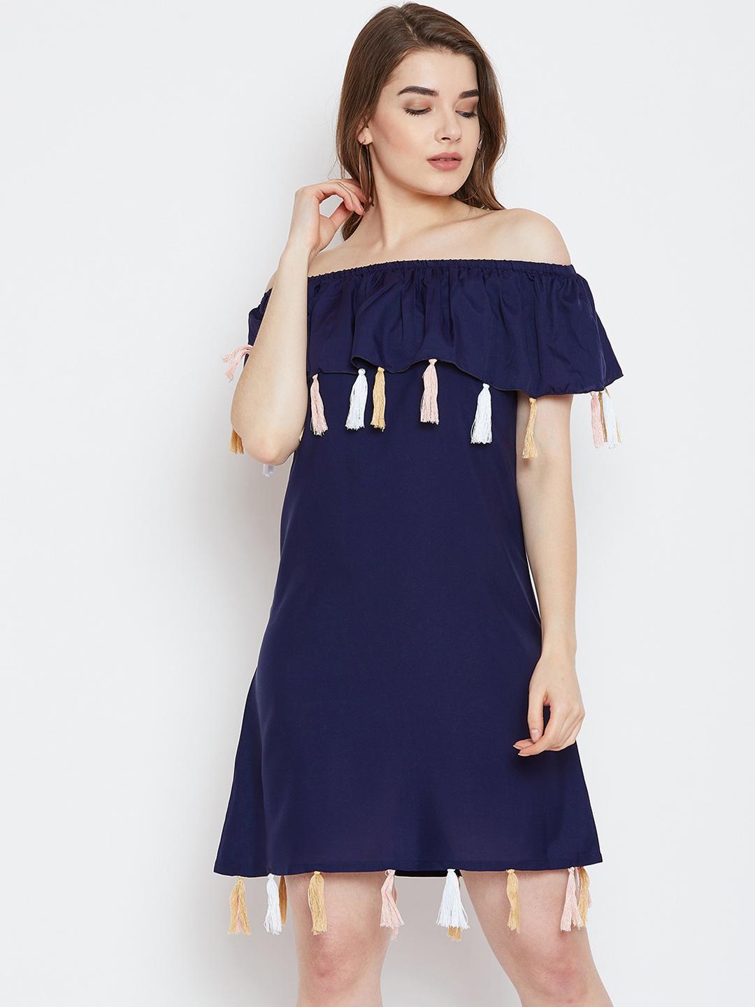 Buy CHROME & CORAL Women Navy Blue Solid A Line Dress - Dresses for ...