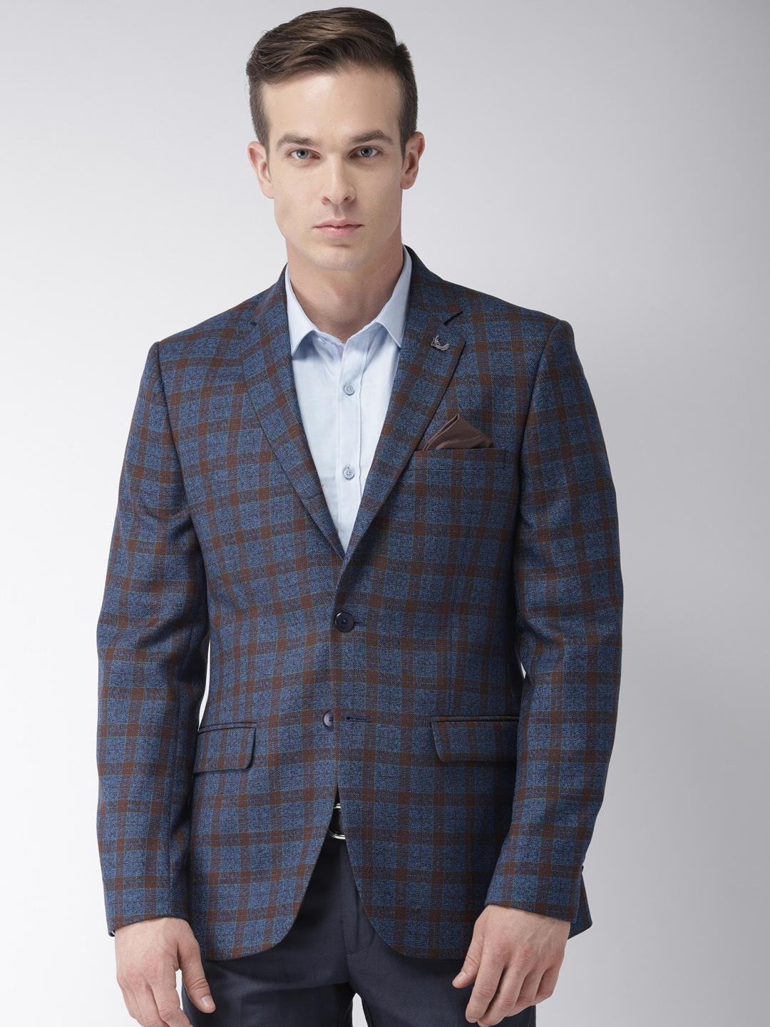 Buy Raymond Men Blue & Brown Checked Contemporary Fit Single Breasted ...
