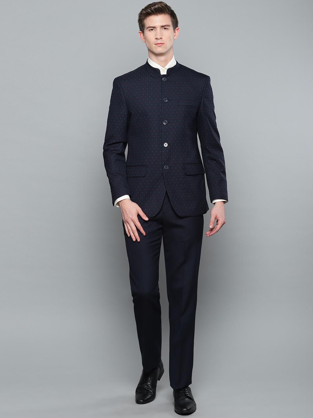 Buy Louis Philippe Men Navy Blue Self Design Regular Fit Bandhgala Suit ...