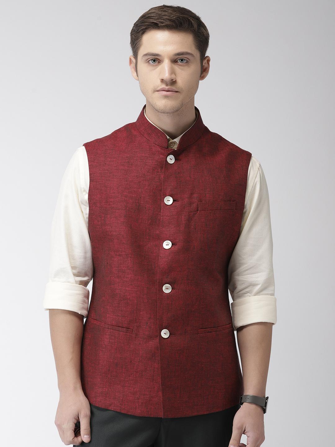 Buy Ethnix By Raymond Men Maroon Solid Linen Nehru Jacket - Nehru ...