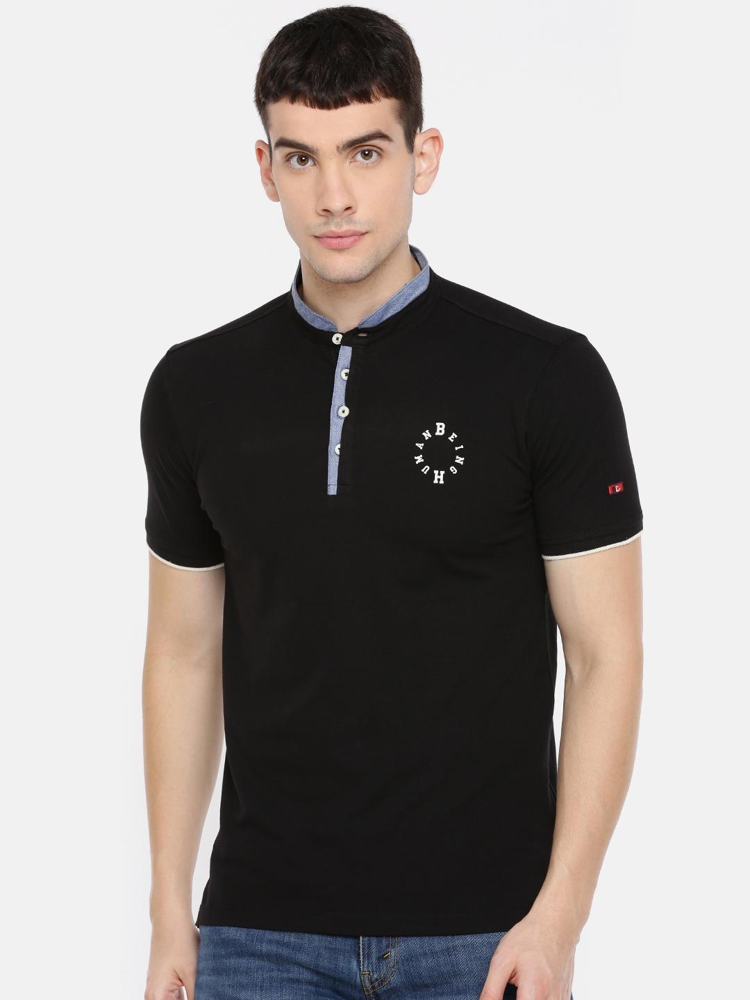 Buy Being Human Clothing Men Black Solid Mandarin Collar T Shirt ...