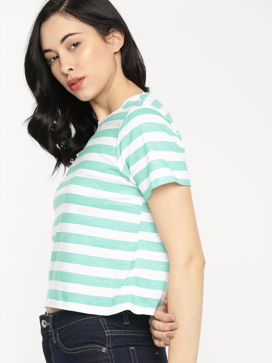 Buy Mast Harbour Women Turquoise Blue White Striped Round Neck Cropped ...