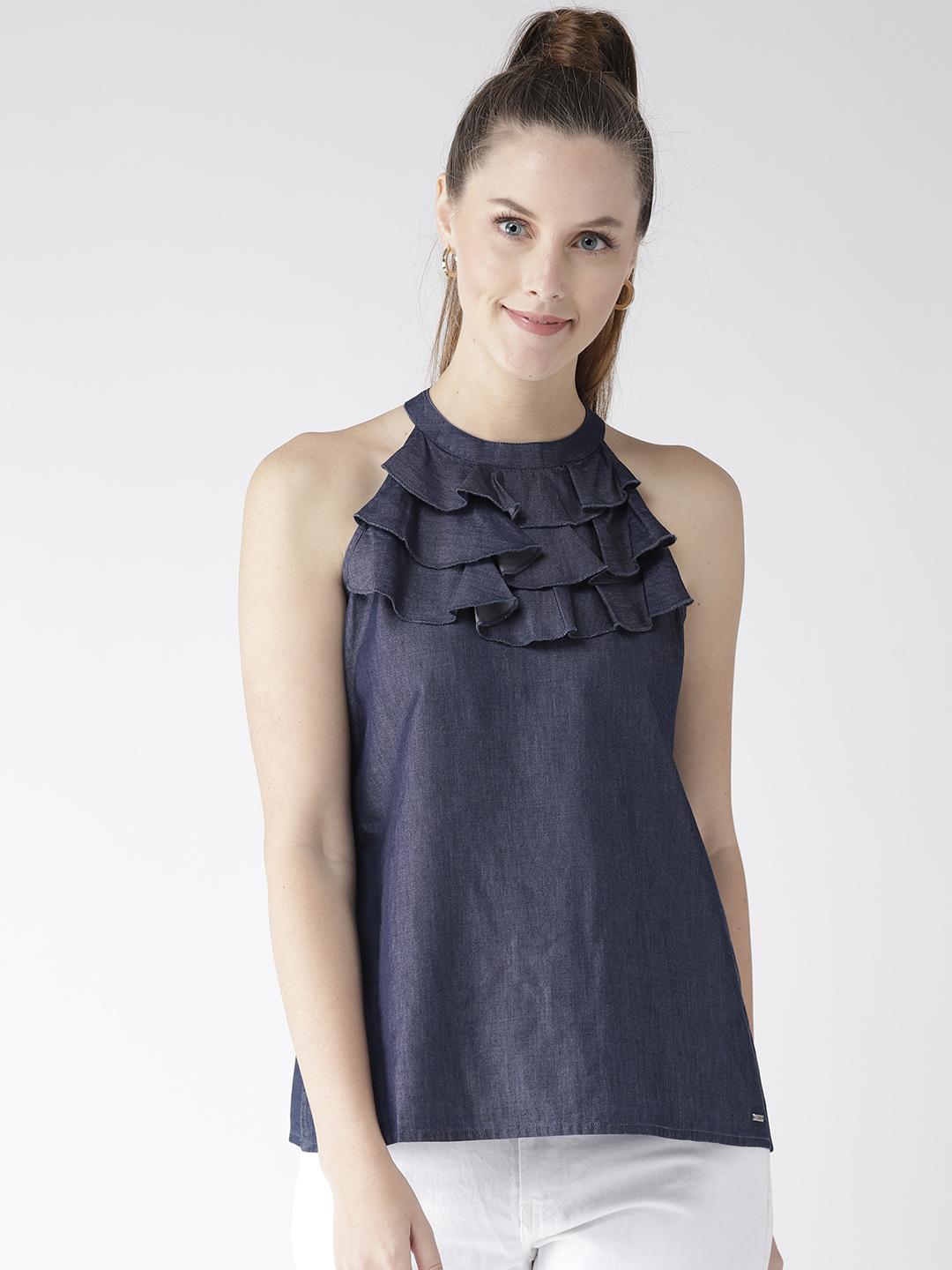 Buy Xpose Women Navy Blue Solid Chambray Pure Cotton Top - Tops for ...