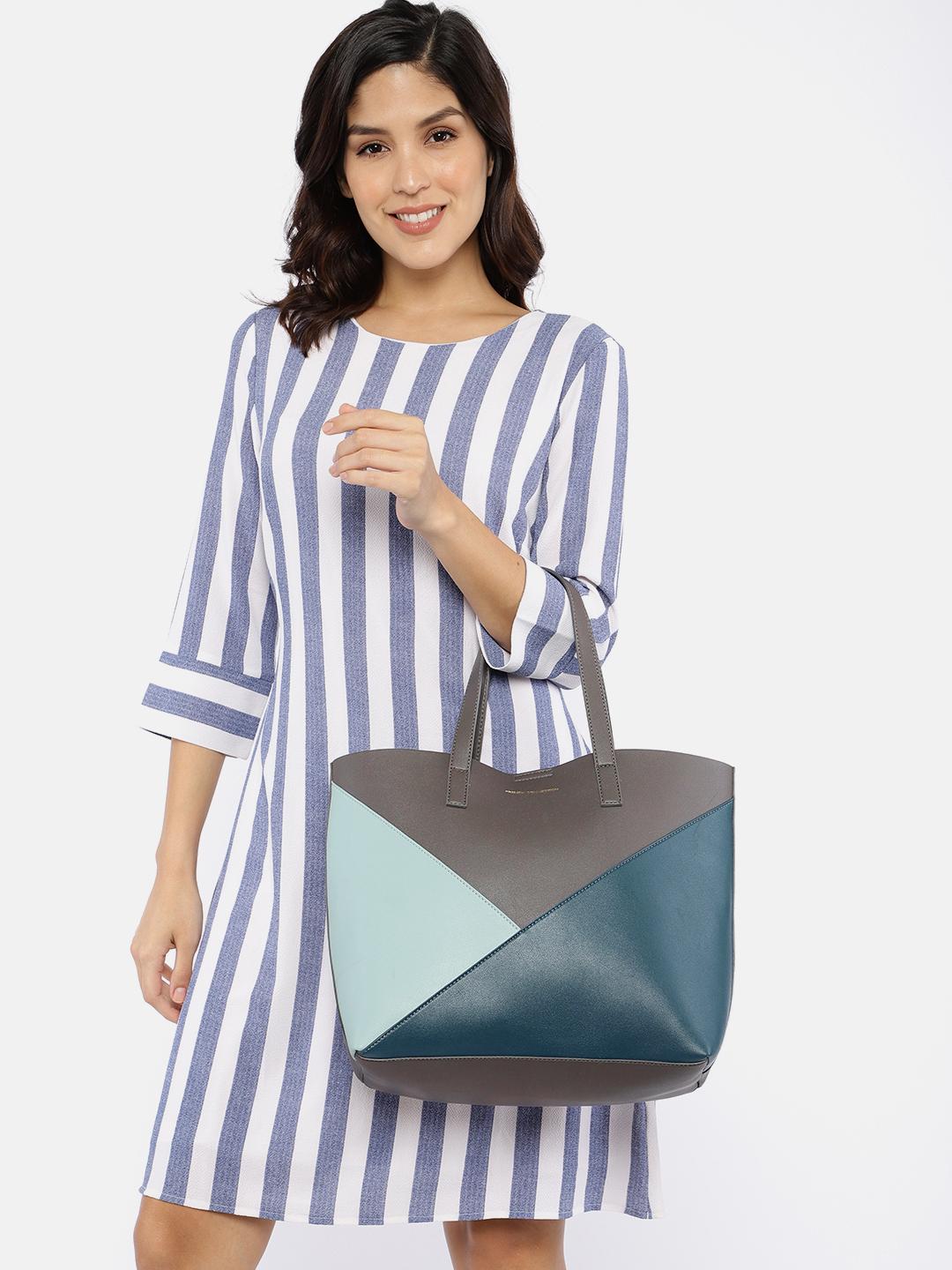 Buy French Connection Grey & Blue Colourblocked Tote Bag - Handbags for ...