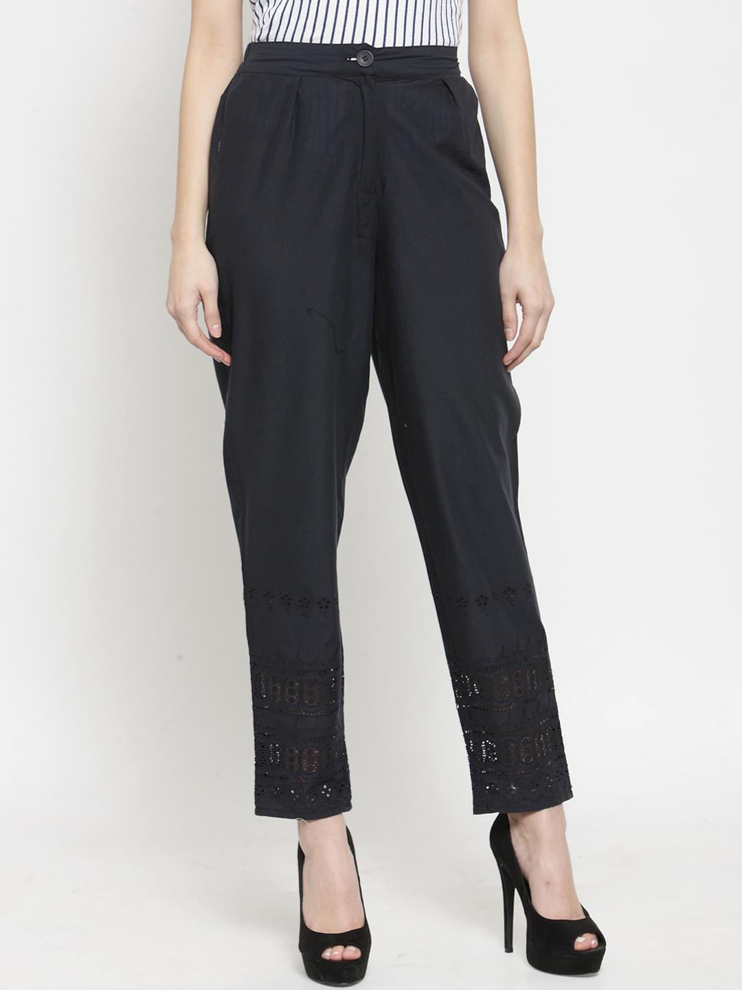 Buy Sera Women Navy Blue Tapered Fit Solid Cigarette Trousers ...