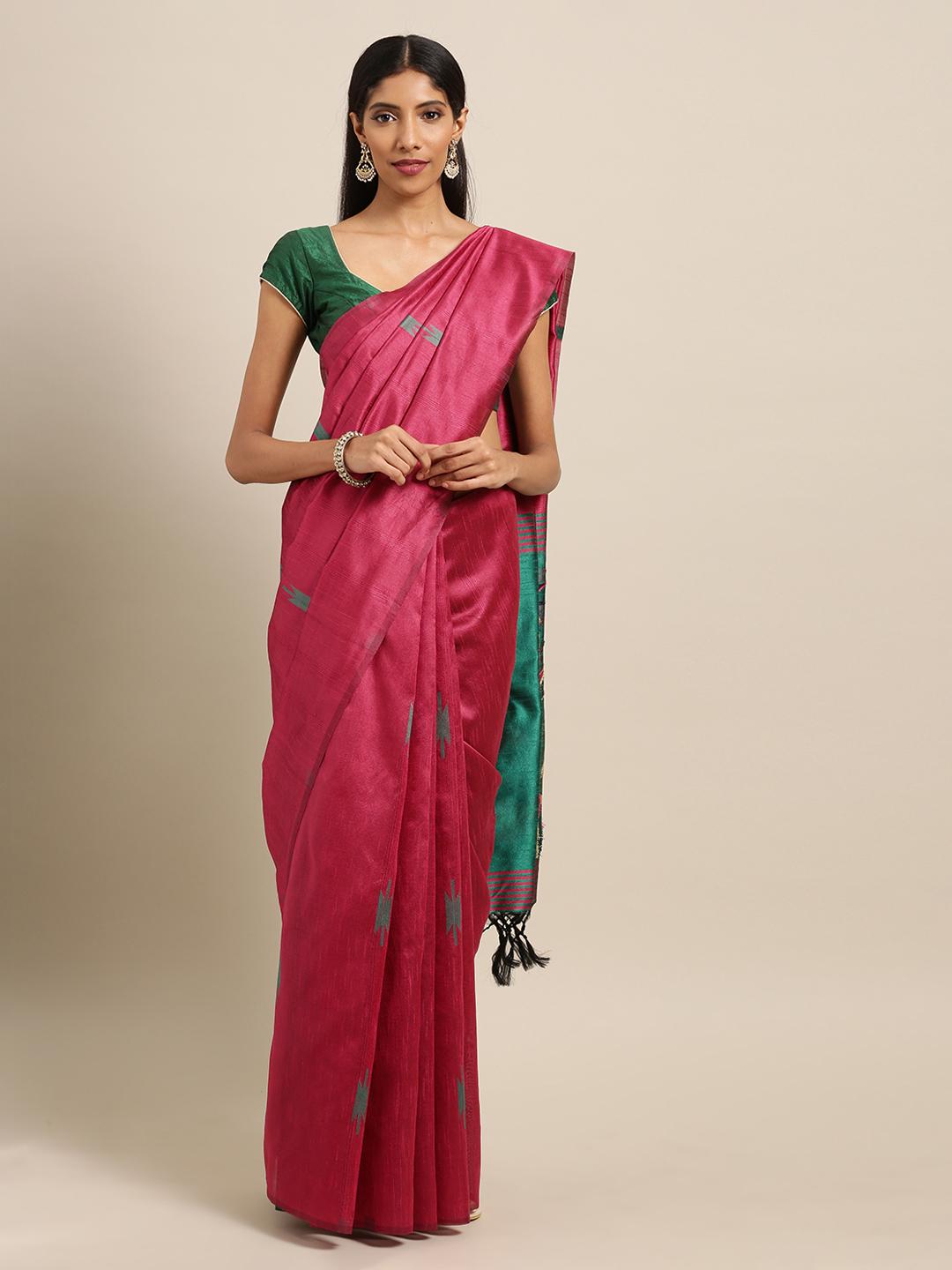 Buy Mitera Magenta Silk Blend Jacquard Woven Design Ikat Print Saree ...