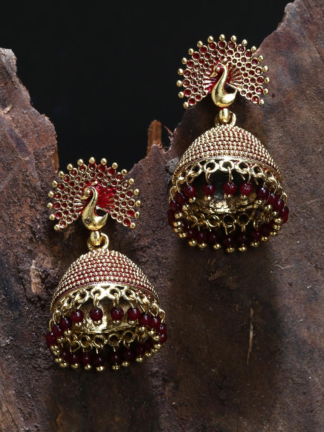 Buy ANIKAS CREATIOn Gold Plated & Maroon Enamelled Peacock Shaped ...