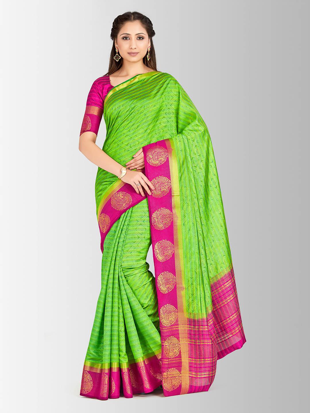 Buy MIMOSA Lime Green Art Silk Embellished Kanjeevaram Saree - Sarees ...