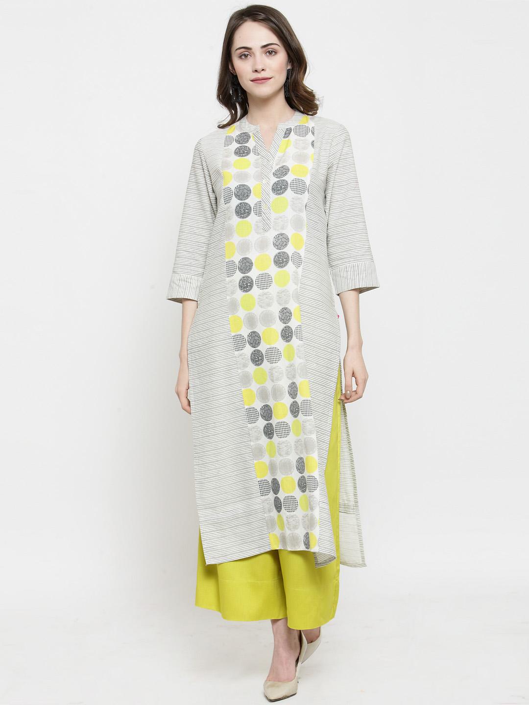 Buy Varanga Women Off White & Lime Green Printed Kurta With Palazzos ...