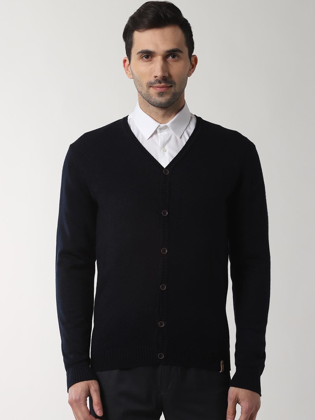 Buy Peter England Casuals Men Navy Blue Solid Cardigan Sweater ...