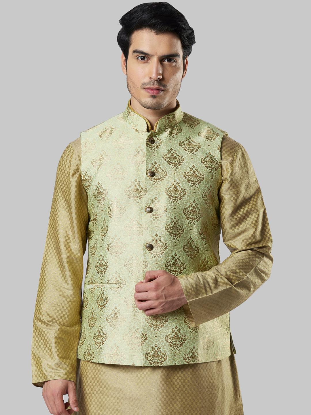 Buy Ethnix By Raymond Men Green Woven Design Nehru Jacket - Nehru ...