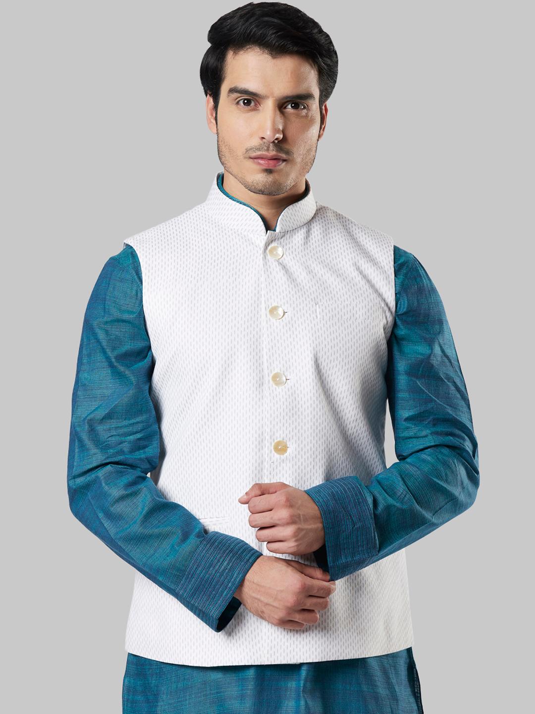 Buy Ethnix By Raymond Men White Printed Pure Cotton Nehru Jacket ...