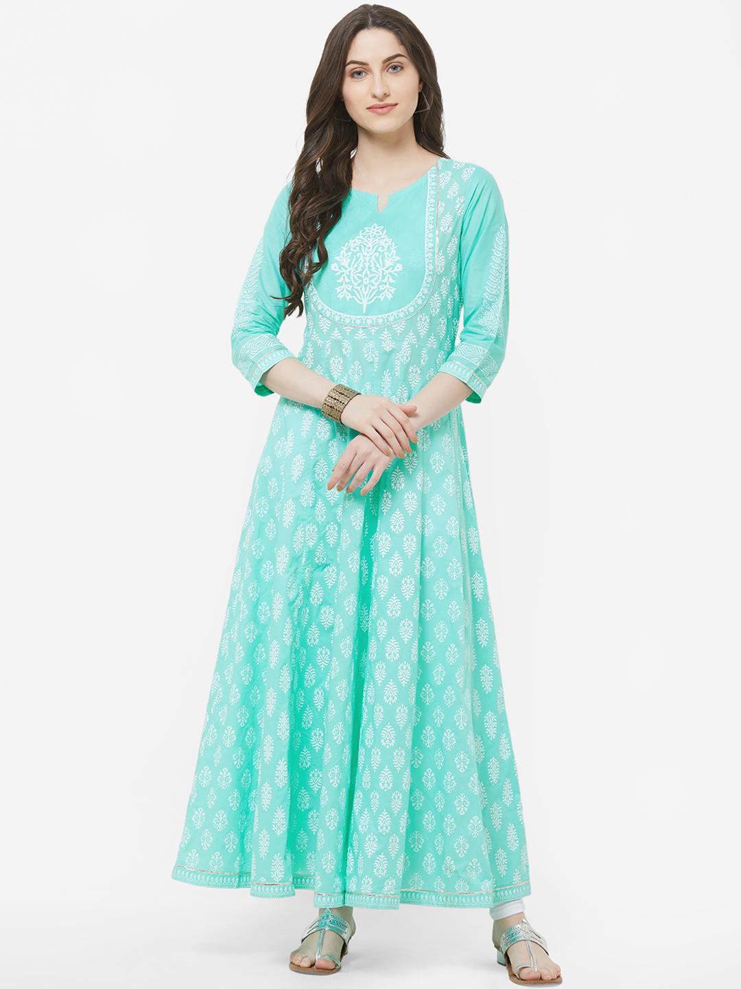 Buy Vedic Women Sea Green & White Printed Ethnic Maxi Dress - Dresses ...