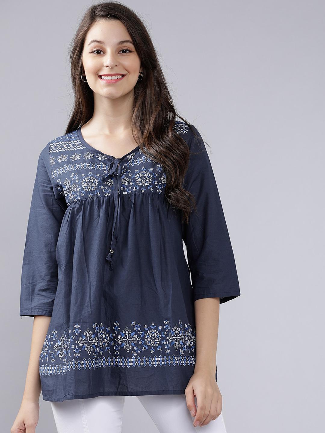 Buy Mumbai Slang Chic Women Navy Blue Printed A Line Top - Tops for ...