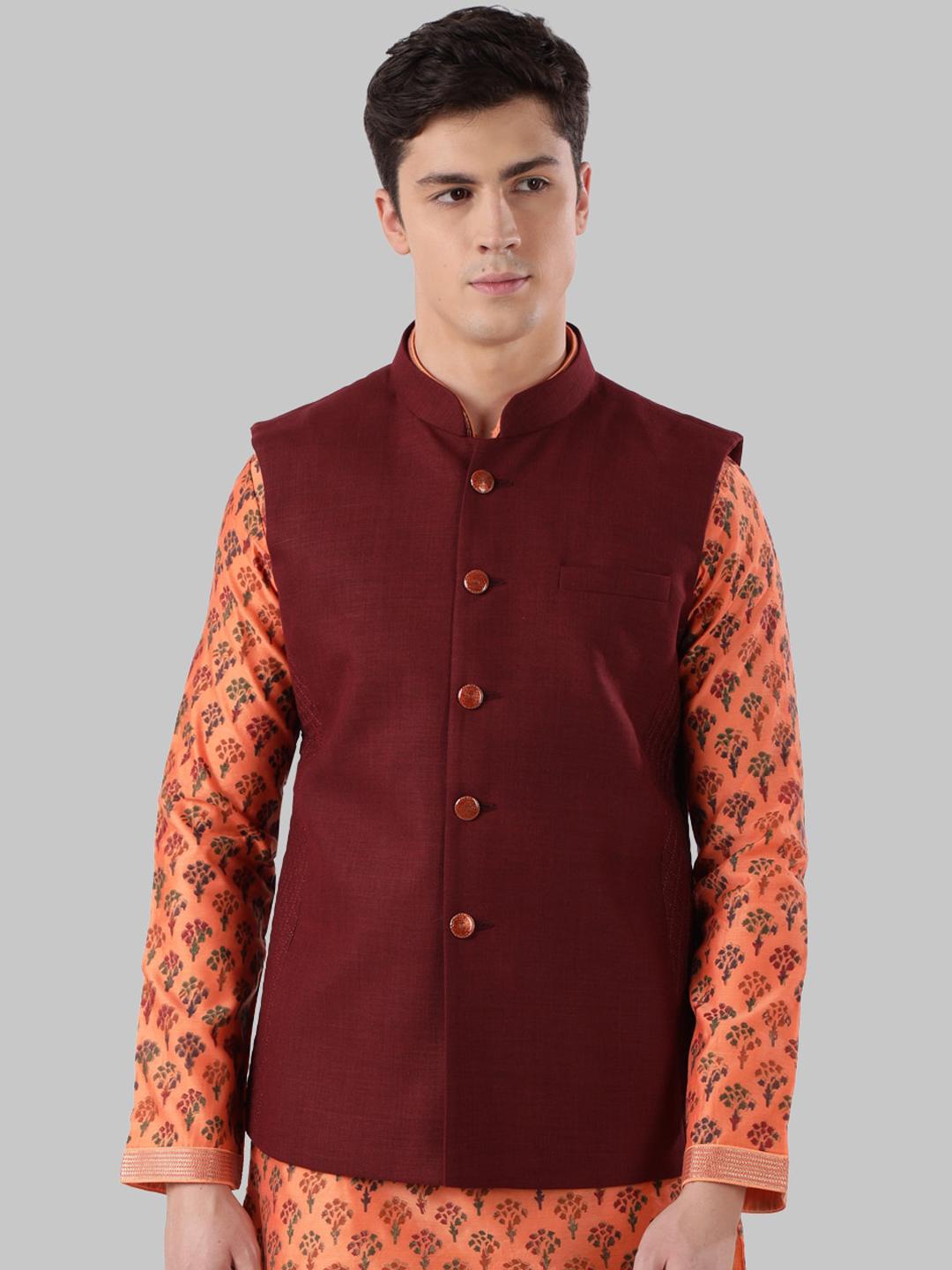 Buy Ethnix By Raymond Men Maroon Solid Lightweight Nehru Jacket - Nehru ...