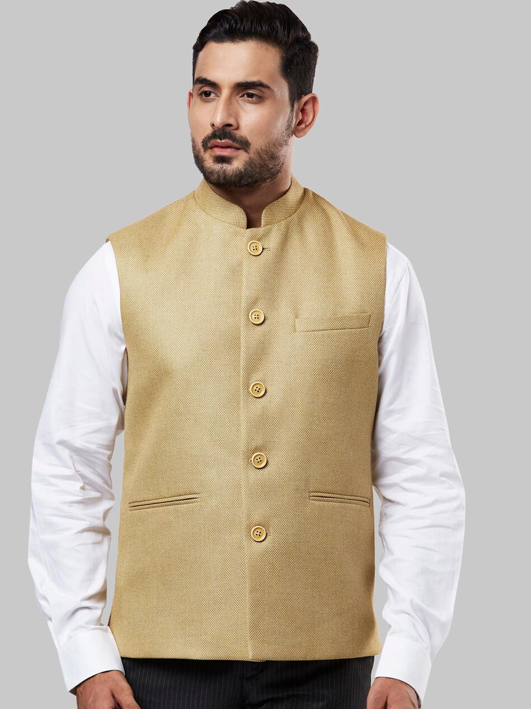 Buy Raymond Men Beige Woven Design Nehru Jacket - Nehru Jackets for Men ...