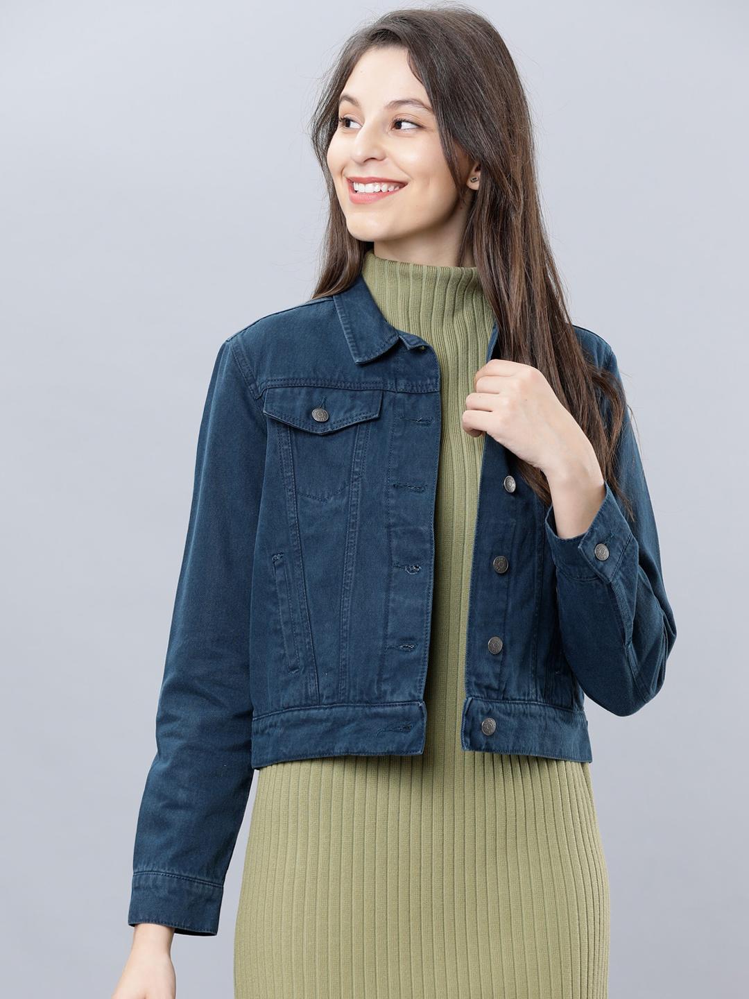 Buy Tokyo Talkies Women Blue Solid Denim Jacket - Jackets for Women ...