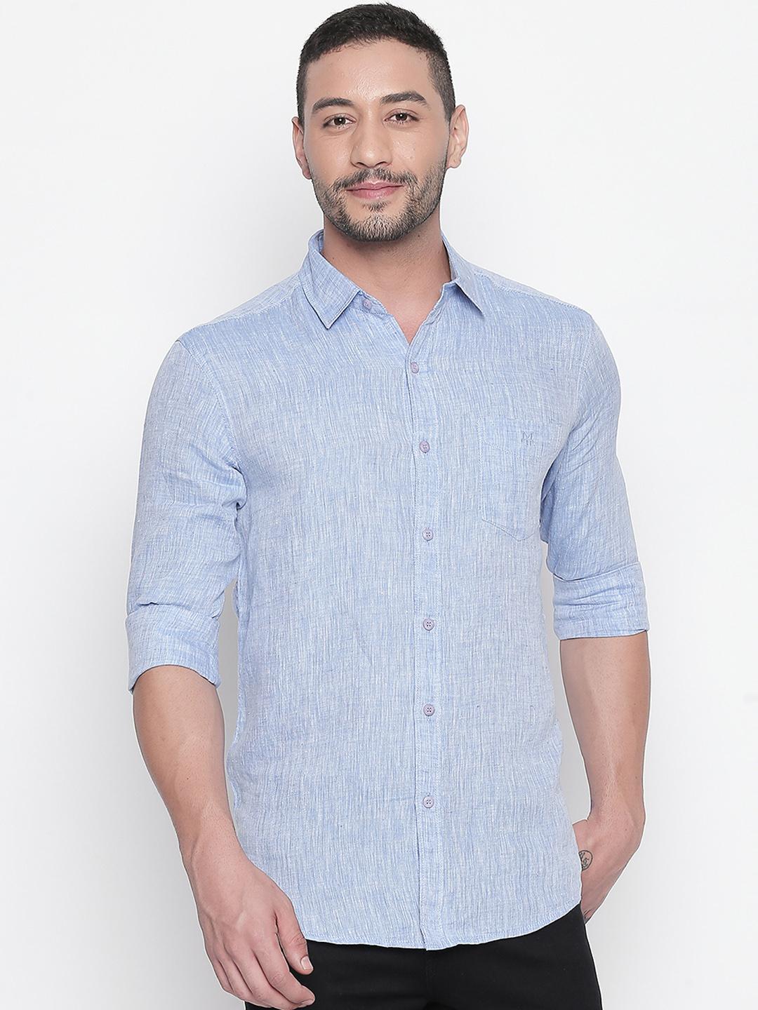 Buy Mufti Men Blue Slim Fit Solid Casual Linen Shirt - Shirts for Men ...