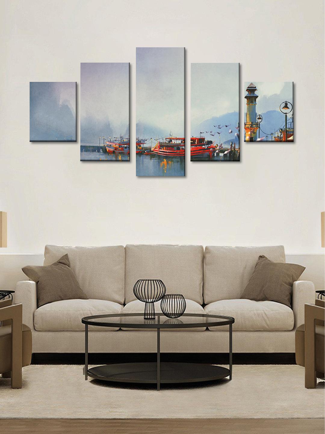 Buy Nest ART 5 Panelled Blue & Red Riverside Canvas Wall Painting ...