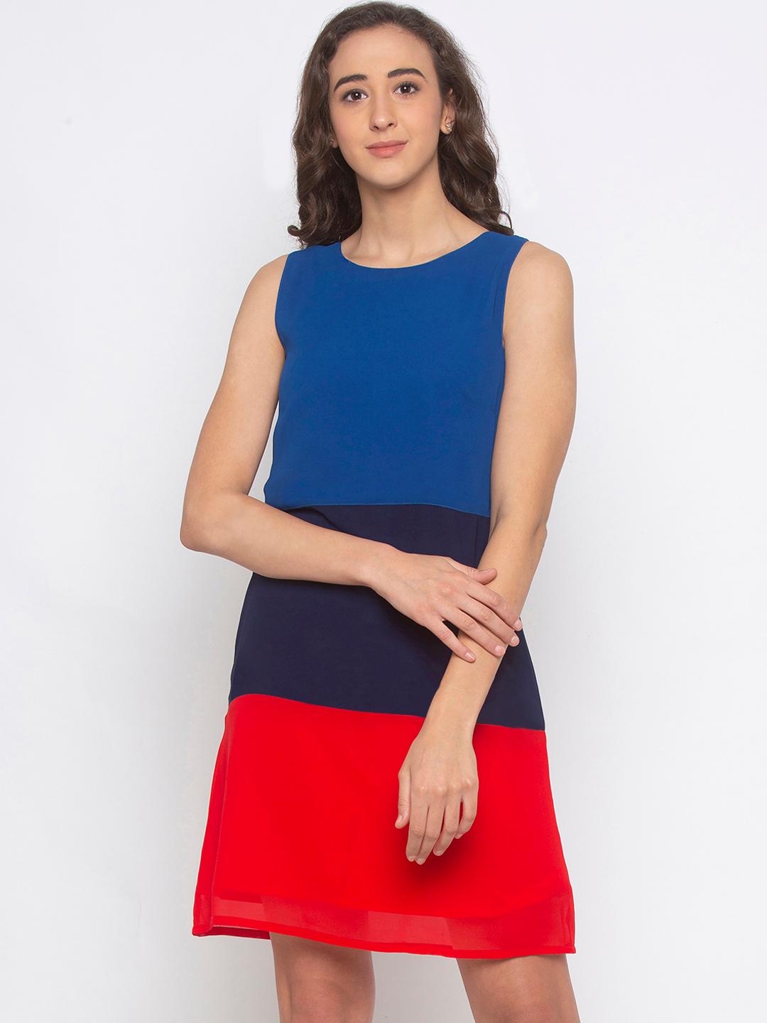 Buy Iti Women Blue & Red Colourblocked Fit And Flare Dress - Dresses ...