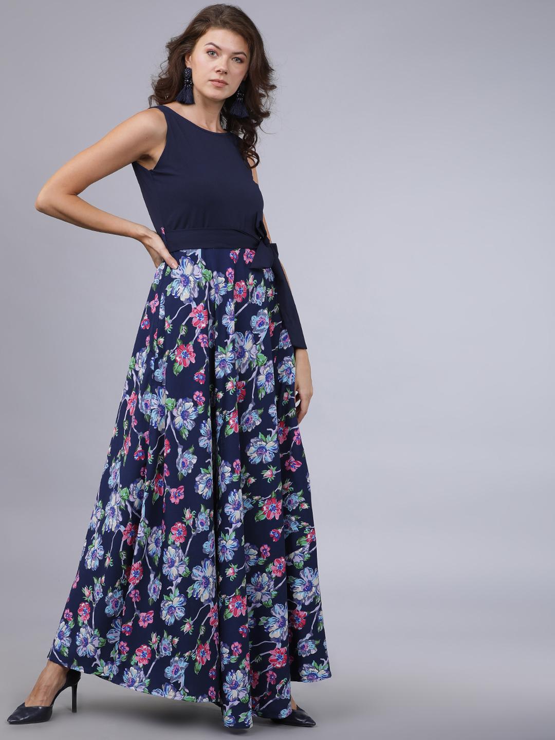 Buy Mumbai Slang Chic Women Navy Blue Printed Maxi Dress - Dresses for ...