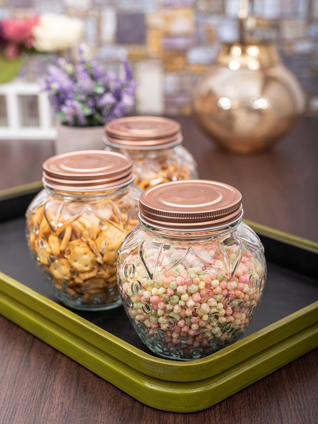 Buy White Gold Set Of 3 Transparent Solid Glass Storage Jars With Rose ...