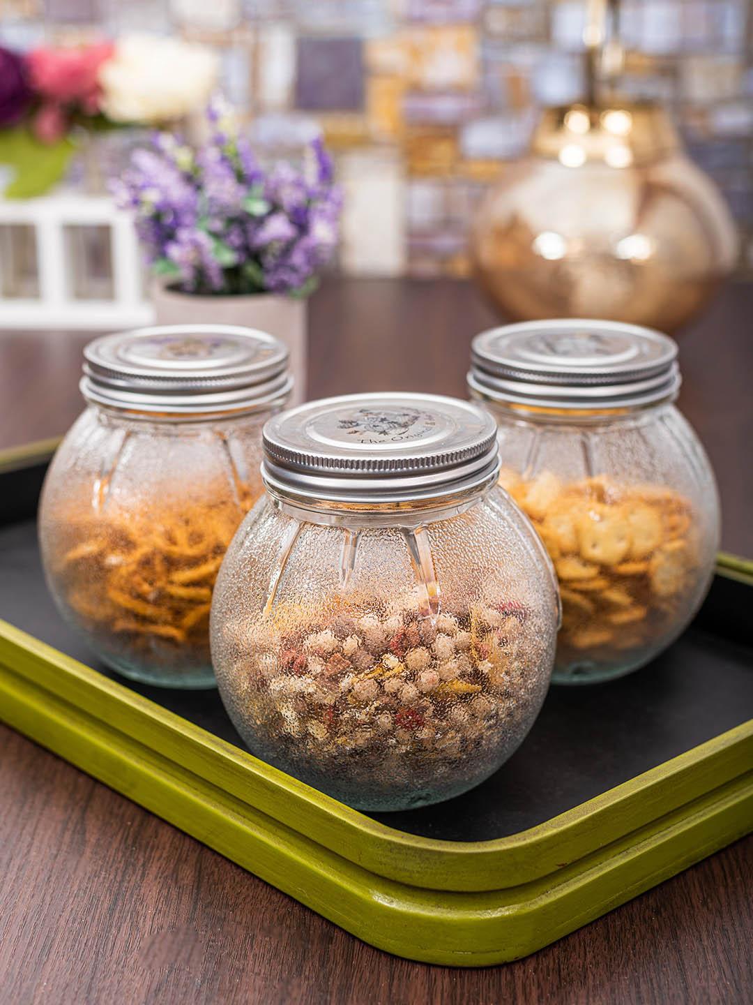 Buy White Gold Set Of 3 Transparent Solid Glass Storage Jars ...