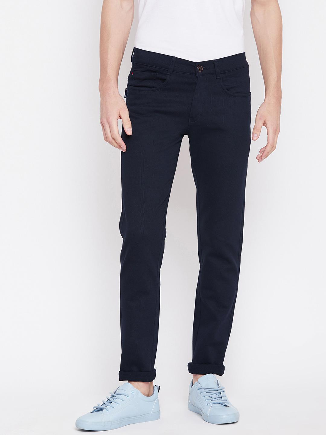 Buy Nation Polo Club Men Navy Blue Skinny Fit Solid Regular Trousers ...