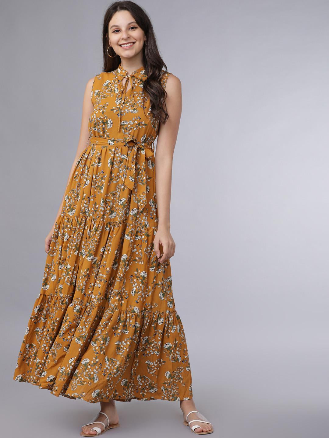 Buy Mumbai Slang Chic Women Mustard Yellow & Off White Printed Maxi ...